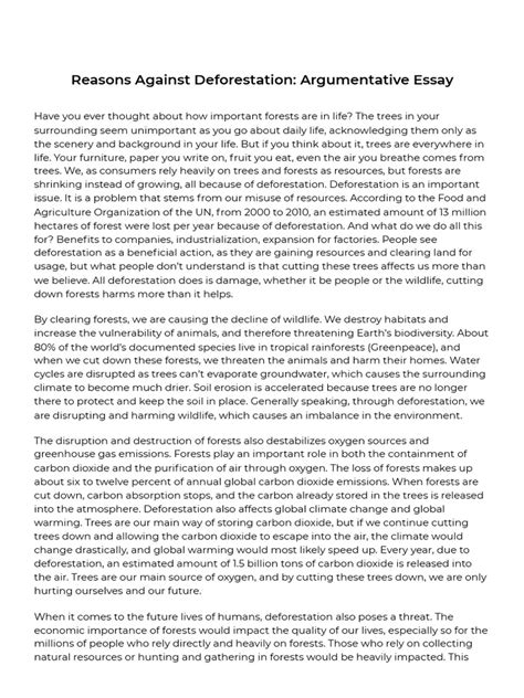 Reasons Against Deforestation Argumentative Essay Essay Example