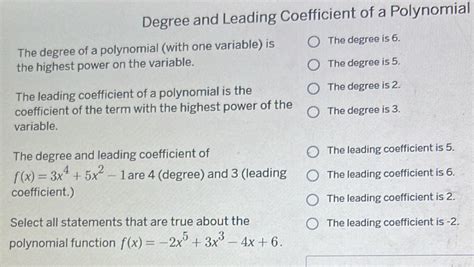 Solved Degree And Leading Coefficient Of A Polynomial The Degree Of A Polynomial With One