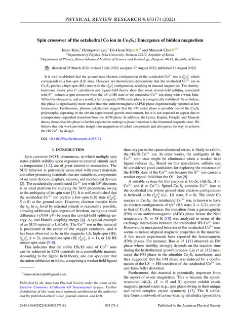 Pdf Spin Crossover Of The Octahedral Co Ion In Co 3 S 4 Emergence