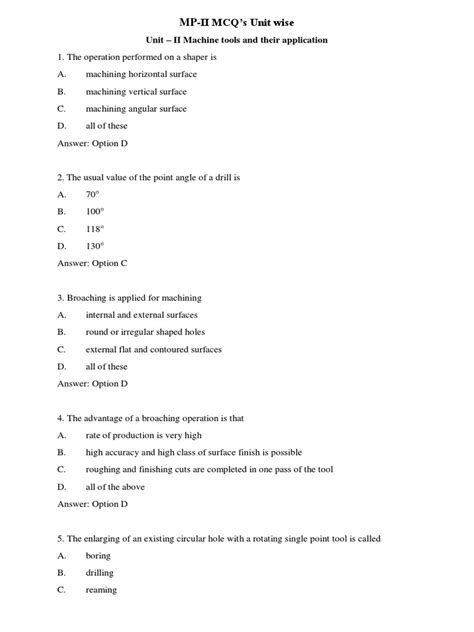 Mp Ii Mcq Unit Ii Pdf Machining Drilling