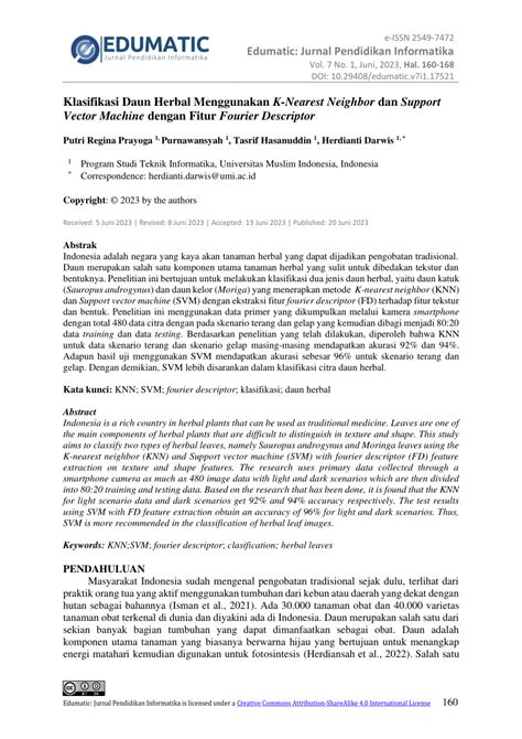 Pdf Klasifikasi Daun Herbal Menggunakan K Nearest Neighbor Dan