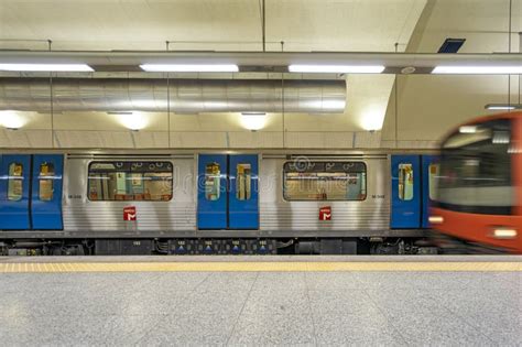 Underground Railway Platform Of The Lisbon Metro Station With A Stopped