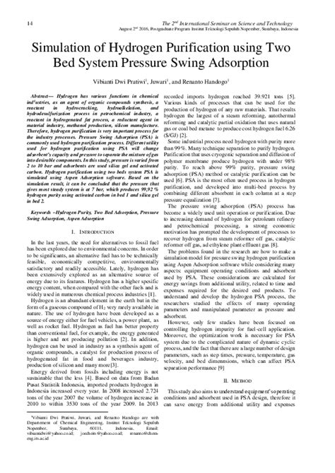 Pdf Simulation Of Hydrogen Purification Using Two Bed System Pressure Swing Adsorption