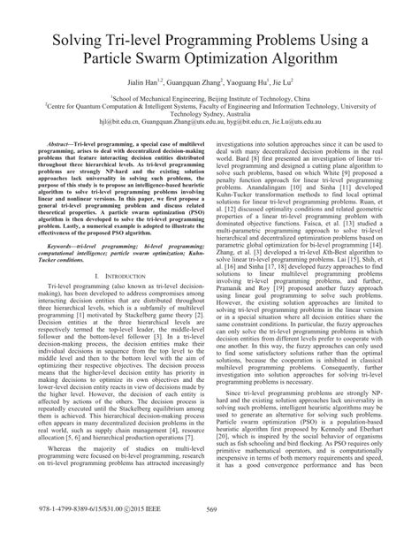 Pdf Solving Tri Level Programming Problems Using A Particle Swarm Optimization Algorithm