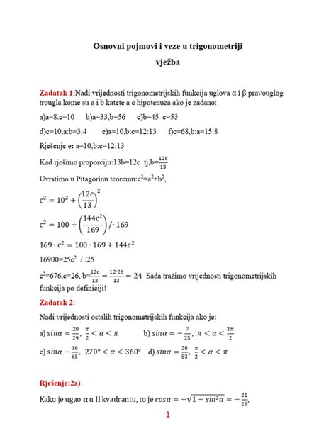 Osnovni Pojmovi U Trigonometriji Vježba Pdf