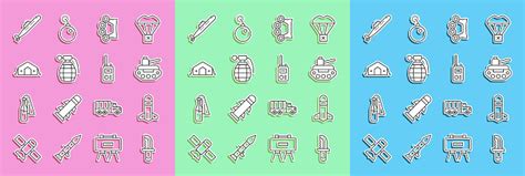 세트 라인 군용 칼 로켓 탱크 황동 너클 수류탄 의료 텐트 잠수함 및 워키 토키 아이콘 벡터 건강 진단에 대한 스톡 벡터 아트