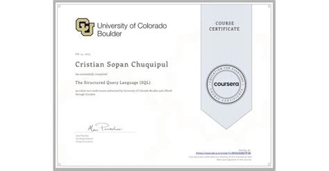 Completion Certificate For The Structured Query Language Sql Cristian Sopán Chuquipul