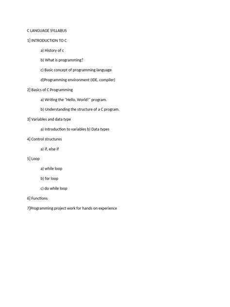 C Language Syllabus Tutor 1 Pdf