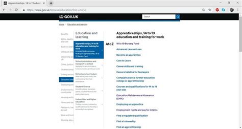 the panes and lists of clickable hyperlinks reachable from the gov uk
