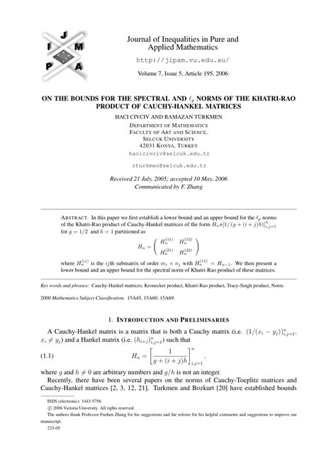 Pdf On The Bounds For The Spectral And Lp Norms Of The Khatri Rao Product Of Cauchy Hankel