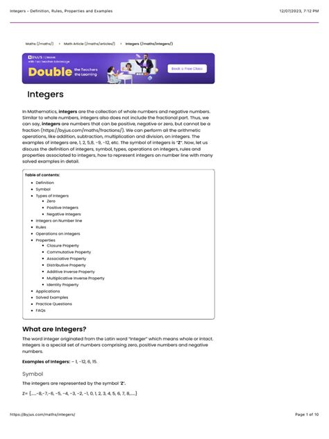 Integers Definition Rules Properties And Examples Pdf