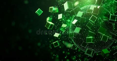 3d rendering of glowing green earth surrounded by floating cubes and particles creating
