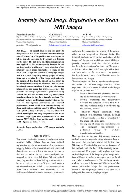 PDF Intensity Based Image Registration On Brain MRI Images