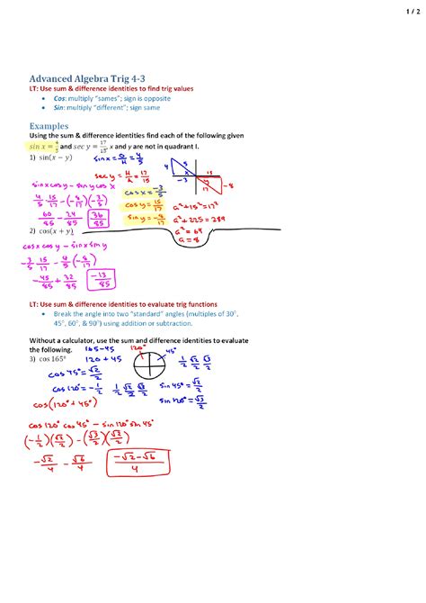 Finding Trig Values Trignometry Lecture Notes Docsity