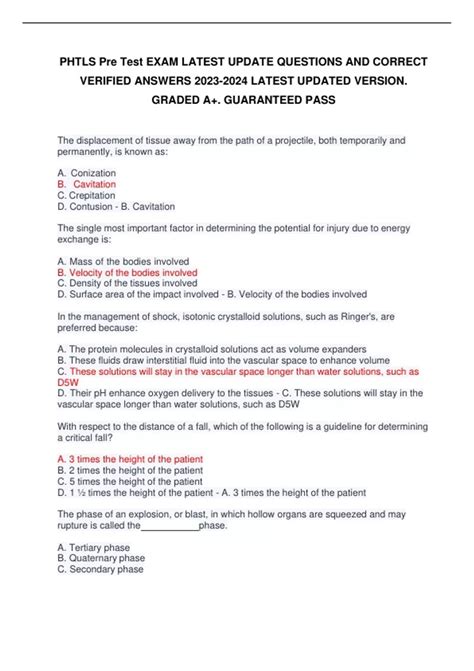 Phtls Pre Test Exam Latest Update Questions And Correct Verified Answers Latest Updated Version
