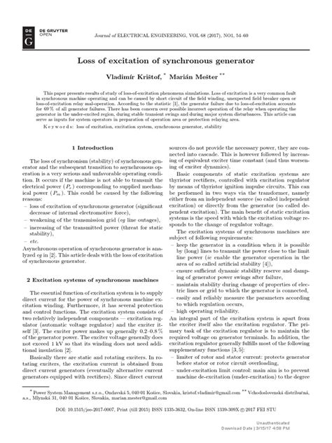 Loss Of Excitation Of Synchronous Generator Pdf Electric Generator