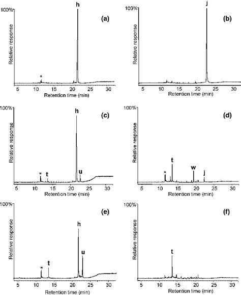 gc ms analyses after different times 0 min a and b 5 min c and d