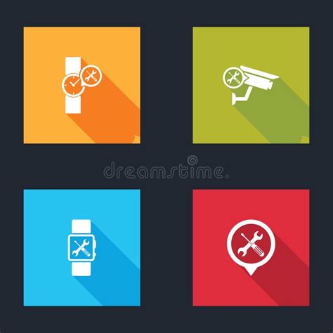 Set Wrist Watch Service Security Camera Smartwatch And Location Icon Vector Stock