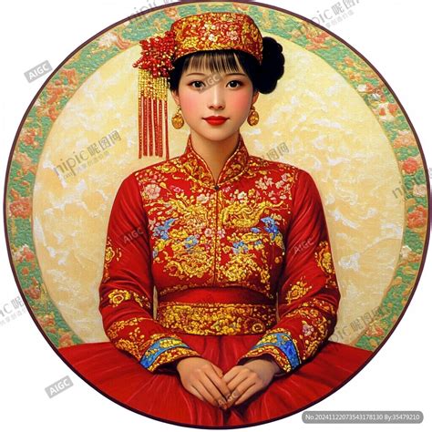 Ai创作图手绘新娘中式新娘 蜡像新娘凤冠霞帔 中式秀禾 秀禾服饰 漫画中式新娘 中式新娘服 秀禾服新娘 新娘中式婚嫁 中式新娘装 盘金龙凤褂