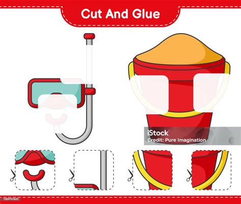 잘라 접착제 모래 양동이의 일부를 잘라 스쿠버 다이빙 마스크와 접착제 교육 어린이 게임 인쇄 워크 시트 벡터 일러스트레이션 0명에 대한 스톡 벡터 아트 및 기타 이미지