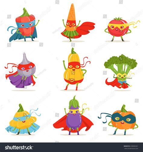 복면에 있는 슈퍼히어로 채소와 귀여운 캐릭터 스톡 벡터로열티 프리 638080261