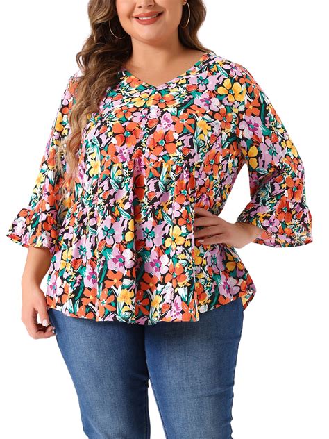 Agnes Orinda Womens Plus Size Floral Blouses V Neck Ruffle 3 4 Sleeves