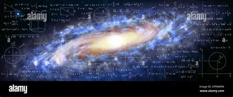 Illustration Of Basic Physics And Mathematics Formulas And Galaxy In