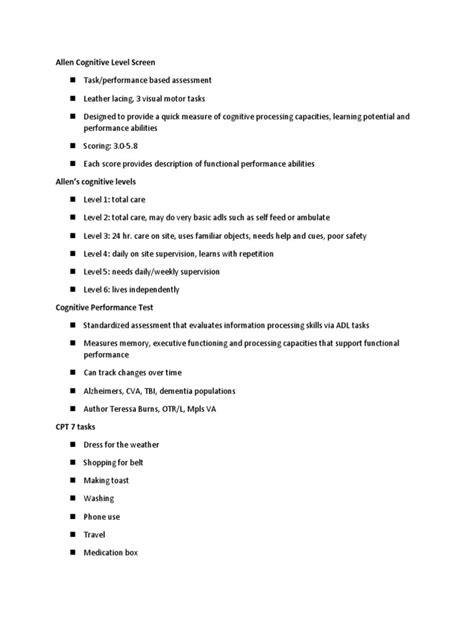 Allen Cognitive Level Screen Mental Processes Clinical Psychology