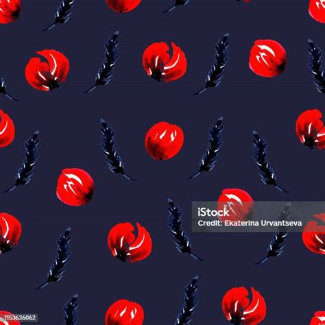 나뭇가지와 인디 고 다크 퍼플 배경의 작은 잎과 빨간색 미 개봉 양 귀 비 꽃의 완벽 한 패턴의 수채화 그림 디자인 카드 직물 종이 0명에 대한 스톡 벡터 아트 및 기타