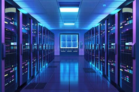 Server Room Interior in Data Center with Rows of Rack-mounted Servers. Computer Networking ...