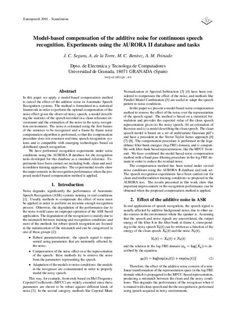 Pdf Model Based Compensation Of The Additive Noise For Continuous Speech Recognition