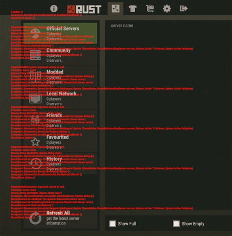Rust In Game Server List Wont Populate With Red Text Errors Rplayrust
