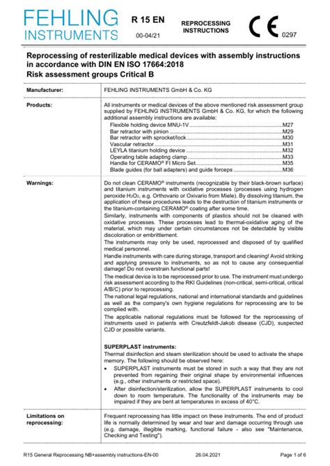 Reprocessing Medical Devices With Assembly Instructions In Risk Group Critical B Instructions