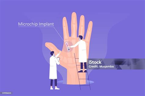 인간의 생체 인식 마이크로 칩핑 거대한 손 안에 마이크로 칩을 이식하는 과학자 또는 전문가 Rfid 기술 개념 격리된 벡터 그림입니다 감시에 대한 스톡 벡터 아트 및 기타