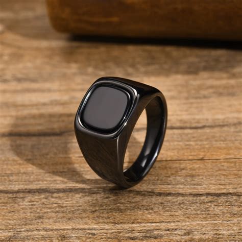 Stylish Black Stone Rings For Men Waterproof Stainless Steel Metal