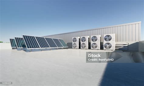 옥상에 태양 전지판 응축기 장치 또는 압축기에 있는 광전지의 3d 렌더링 미래를 위한 시스템 기술로 에코 빌딩 전력 또는 직류 전기를 생성합니다 선풍기 전기 설비에 대한