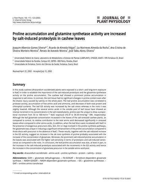 Pdf Proline Accumulation And Glutamine Synthetase Activity Are Increased By Salt Induced