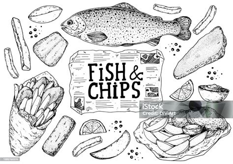 피시 앤 칩스 스케치 벡터 일러스트레이션 영국 술집 음식 손으로 그린 스케치 생선과 칩을 요리 손으로 그린 빈티지 이미지 메뉴 디자인 템플릿입니다 감자 요리에 대한 스톡