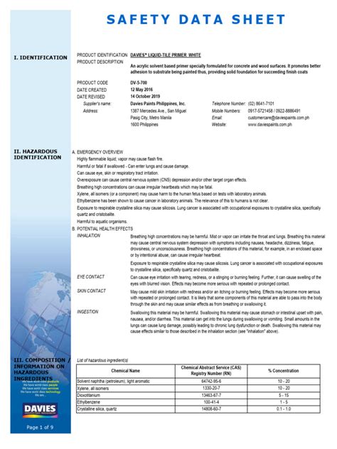 Davies 5 700 Liquid Tile Primer White Sds Download Free Pdf