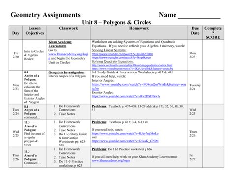 Geometry Polygons And Circles Unit Assignment