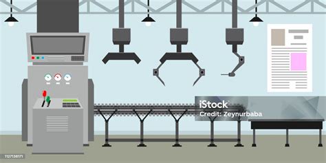 대량 생산을 위한 로봇 손으로 컨베이어 벨트 시스템을 비어 있습니다 공장 내부 또는 평면 색상 스타일 인테리어입니다 벡터