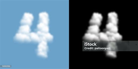 알파벳 세트 편지 번호 4 또는 4 구름 또는 연기 패턴 투명 그림 고립 된 플 로트에 파란 하늘 배경 불투명 마스크 벡터