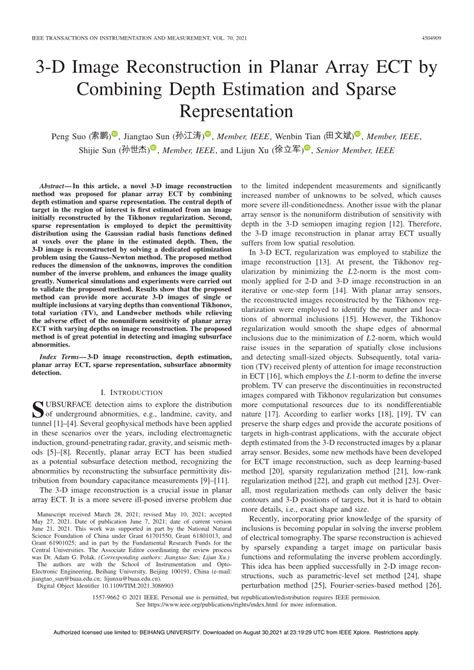 Pdf 3d Image Reconstruction In Planar Array Ect By Combining Depth
