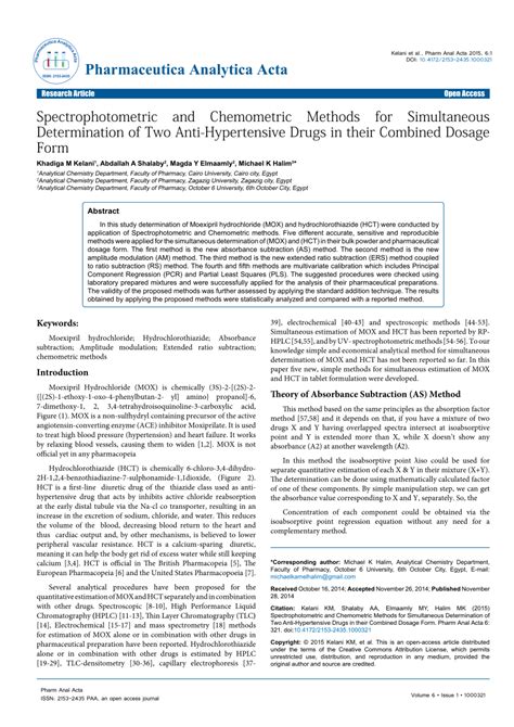 Pdf Spectrophotometric And Chemometric Methods For Simultaneous Determination Of Two Anti