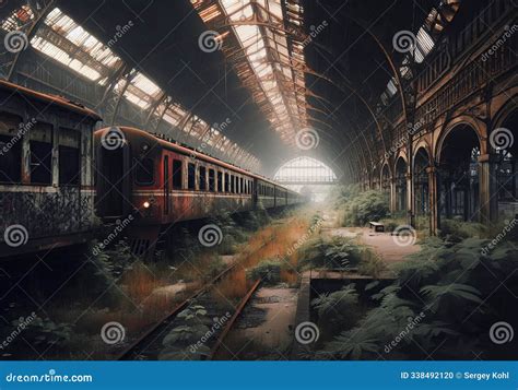 old abandoned railway station rusty train standing on the rails stock