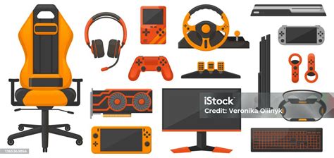 비디오 게임 장비 조이스틱 게이밍 체어 콘솔 및 헤드폰 게임 액세서리 조이스틱 및 컴퓨터 모니터 벡터 일러스트 세트를 재생합니다