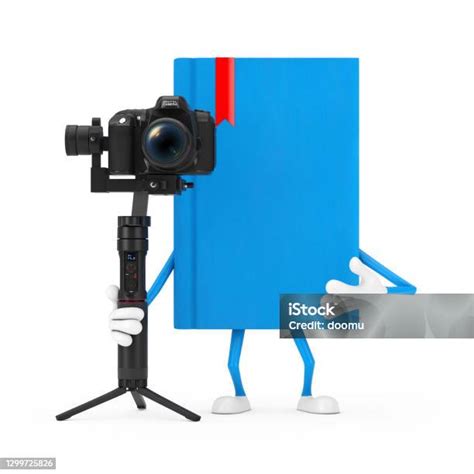 Dslr 또는 비디오 카메라 짐벌 안정화 삼각대 시스템 블루 북 캐릭터 마스코트 3d 렌더링 교과서에 대한 스톡 사진 및 기타 이미지 Istock