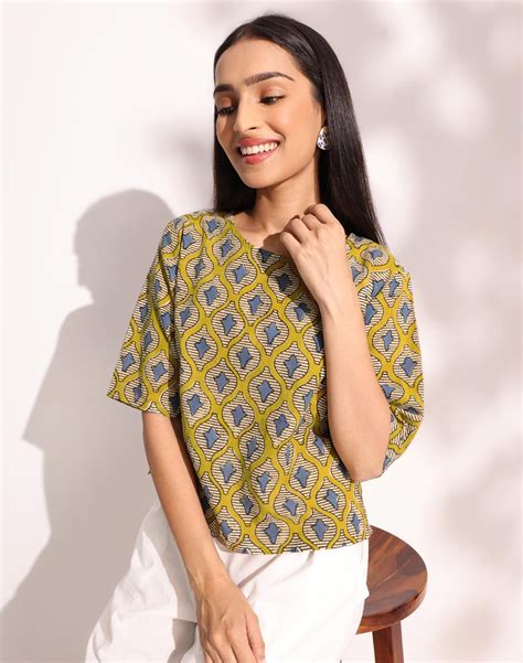 Buy Mustard Cotton Printed Short Top For Women Online At Fabindia