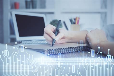 premium photo multi exposure of woman hands on background with technology coding hologram data