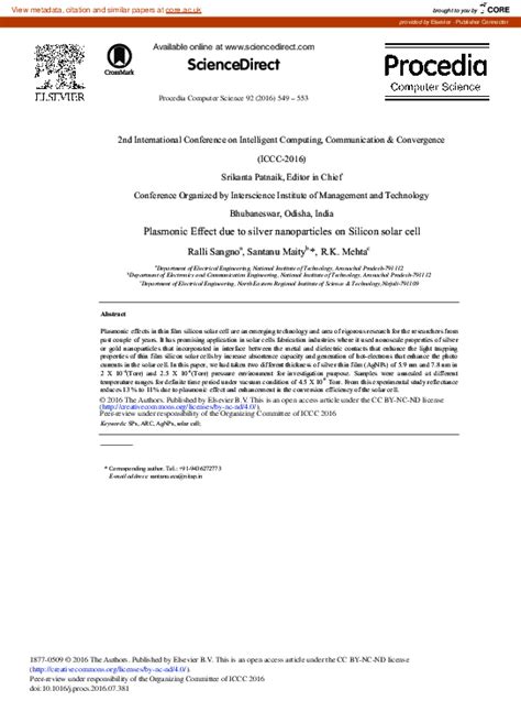 Pdf Plasmonic Effect Due To Silver Nanoparticles On Silicon Solar Cell